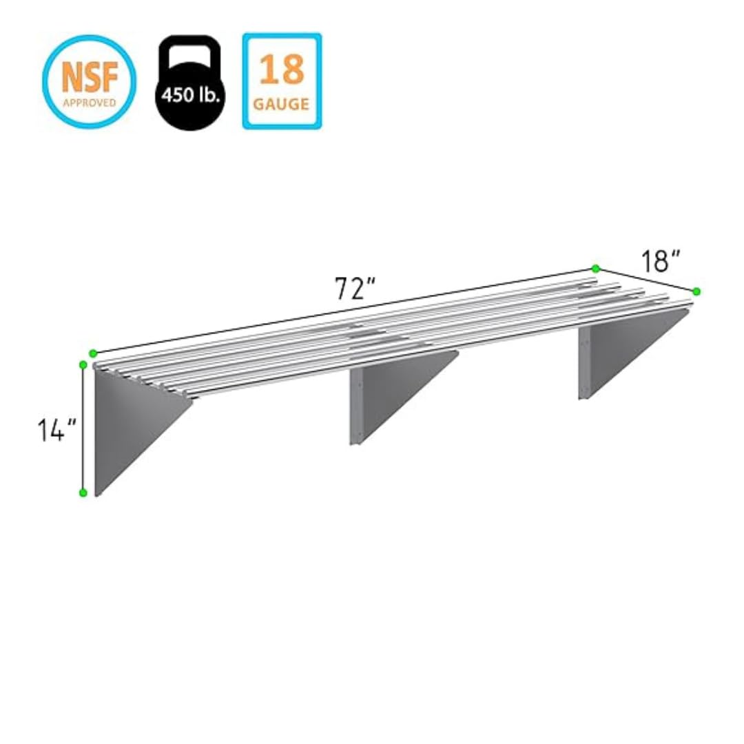 Express KitchQuip Premium Quality Stainless Steel Tubular Wall Shelf | Appliance & Equipment Metal Shelving | Kitchen, Restaurant, Garage, Laundry, Utility Room | NSF Certified | (72" Long x 18" Deep)