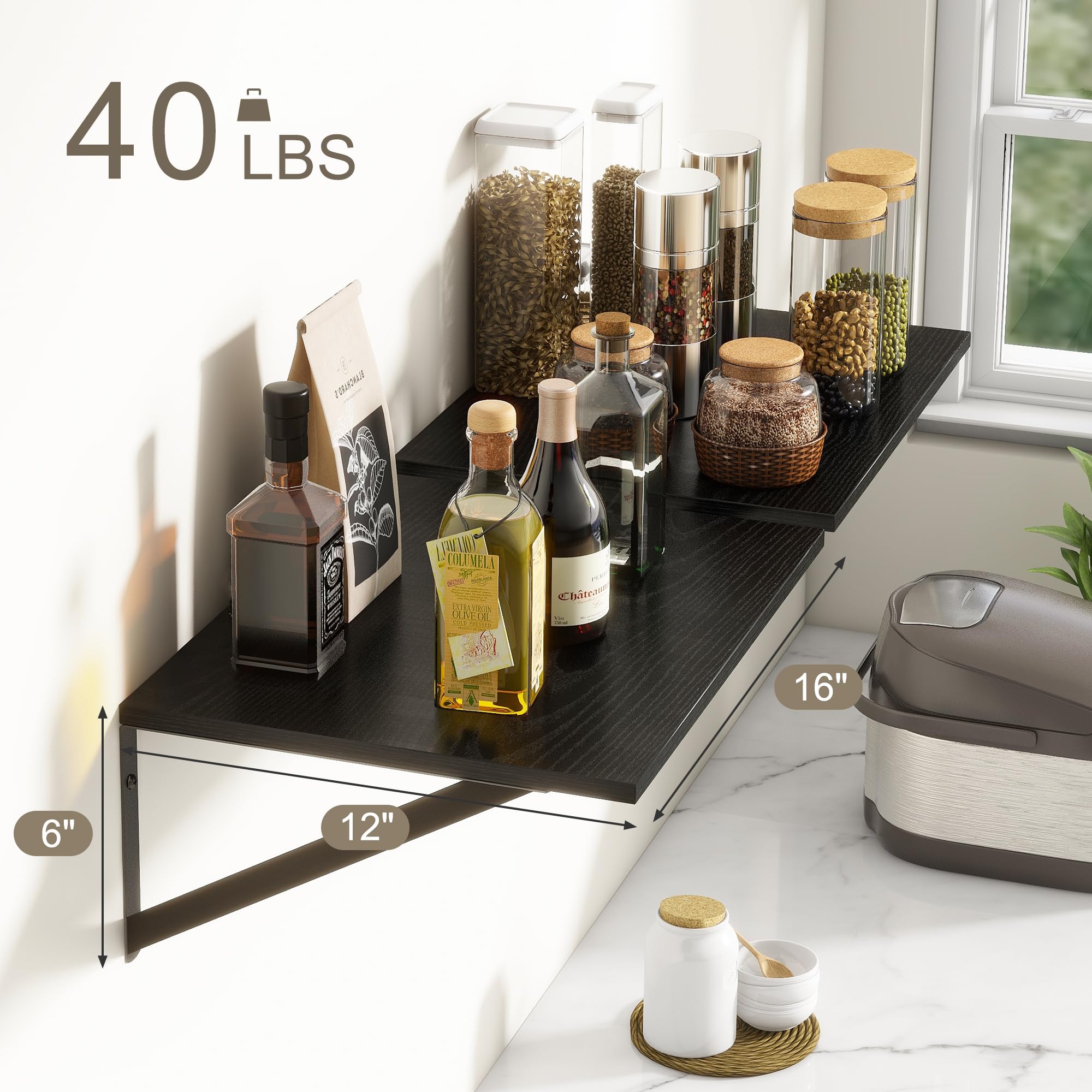 Fun Memories Deep Floating Shelves for Wall, 12 Inch Deep Black Floating Shelves Set of 2, 16" W x 12" D Wall Shelf, Wide Display Ledges Shelves for Bedroom, Bathroom, 12 Deep Bookshelf Wall Mounted