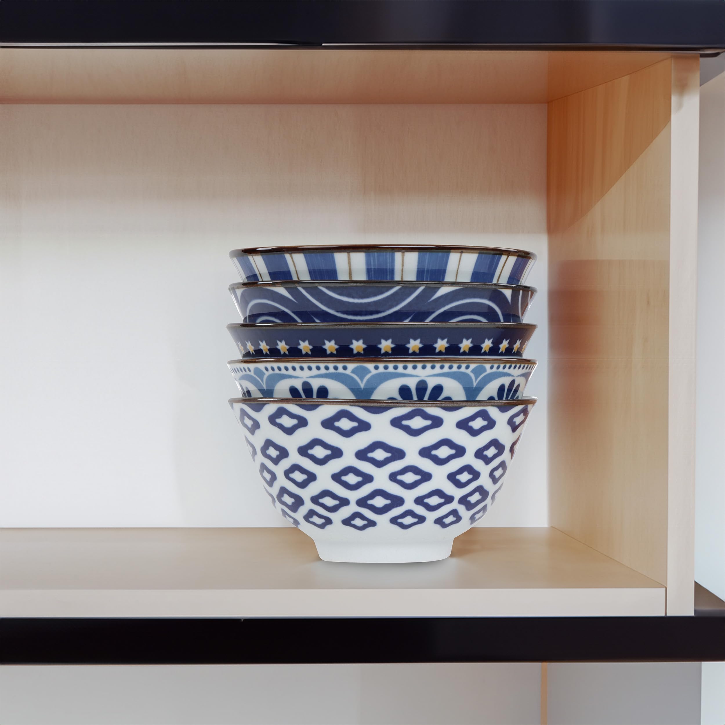 Creekview Home Emporium Ceramic Bowl Set - 5pc Blue and White 10oz Glass Small Serving Bowls for Eating or Decoration