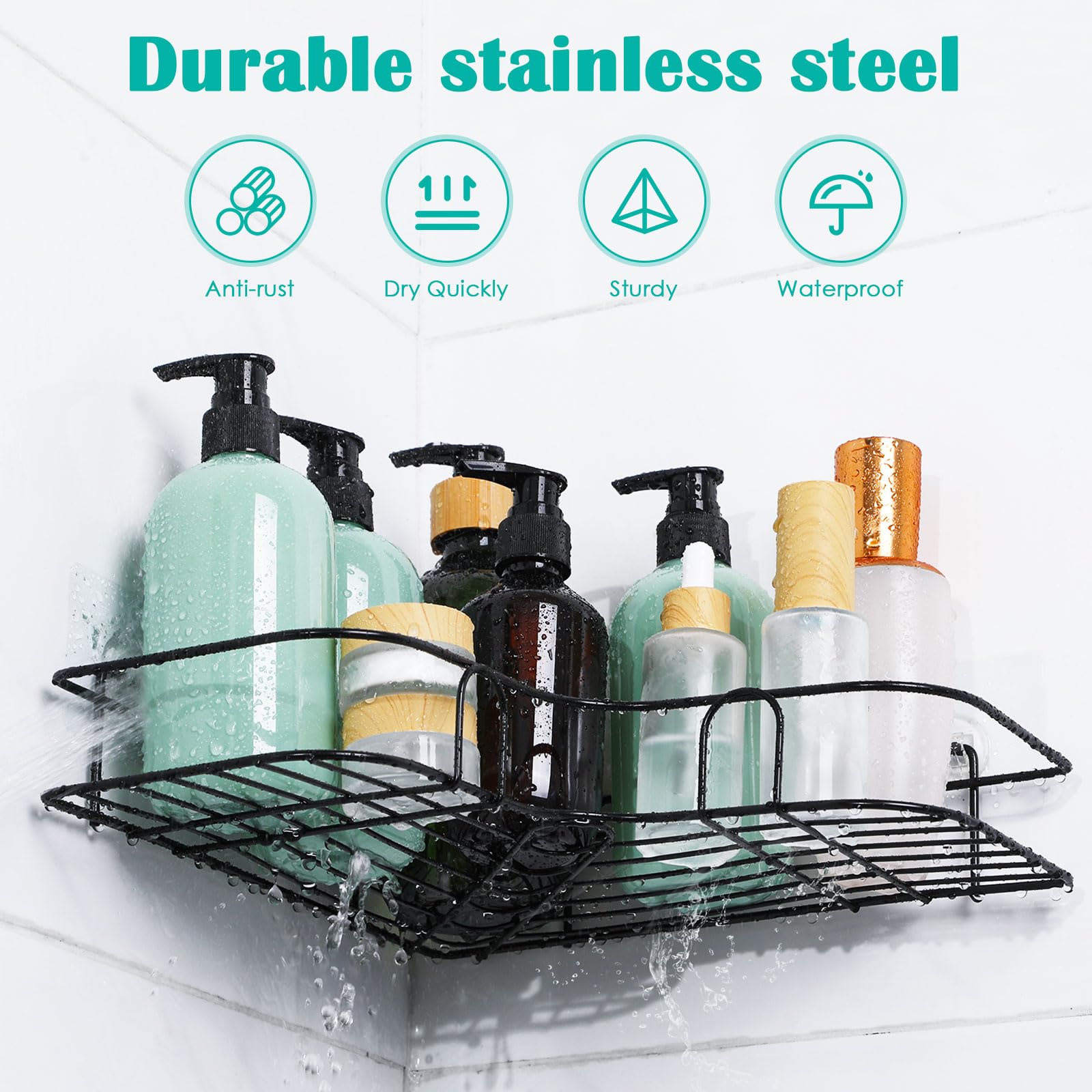 FoldTier 12 Pack Shower Caddy 12.5 Inch Large Capacity Shower Organizer, Sturdy Adhesive Shower Shelf for Inside Shower, Rustproof Stainless Steel Shower Shelves with 14 Hooks, Black