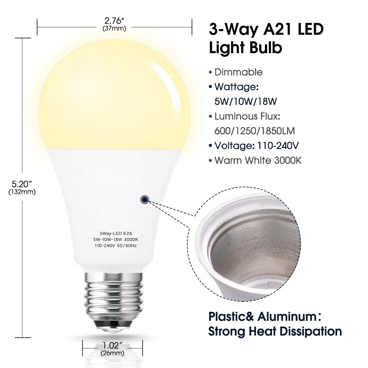 Briignite 50/100/150W Equivalent 3 Way LED Light Bulb, A21 Soft White 3000K Light Bulbs with E26 Medium Base, 600LM/1250LM/1850LM, Perfect for Home Lighting, Table Lamp, Floor Lamp, 2 Pack