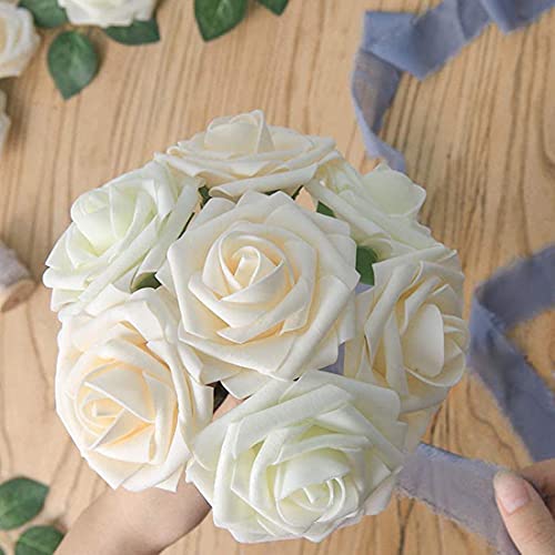 Higfra Artificial Flowers 25pcs Real Looking Fake Roses with Stems for DIY Wedding Bouquets Baby Shower (Champagne)