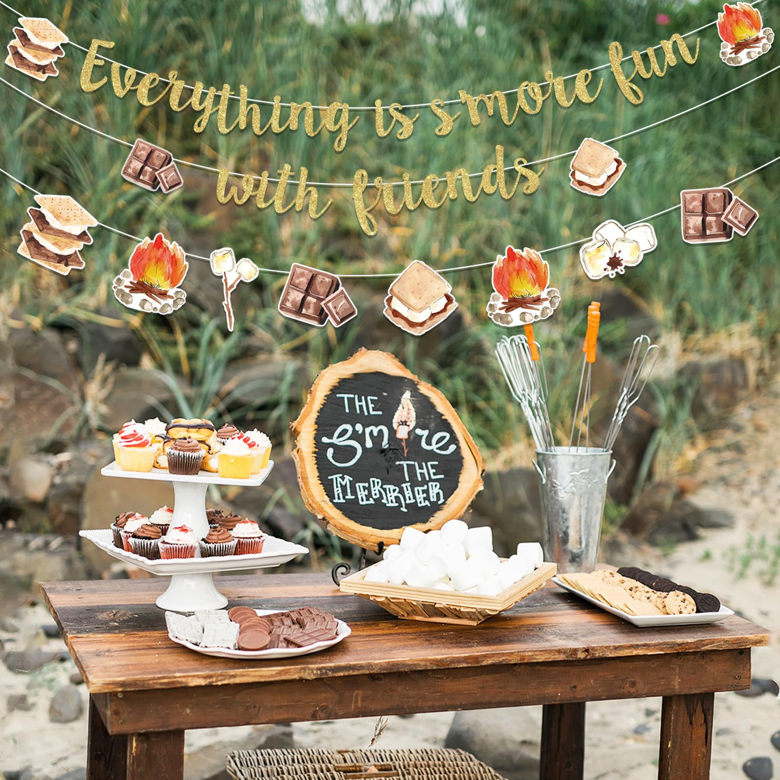 Fangleland S’more Banner Decorations - Everything Is S’more Fun with Friends Bonfire Camping Themed Garland Hanging Decors Birthday Gender Reveal Pregnancy Celebration Party Supplies