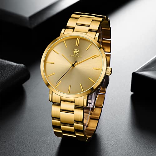 GOLDEN HOUR Men's Watches Slim Minimalist Runway Gold Plated Stainless Steel Quartz Analog Watch with Black Hands