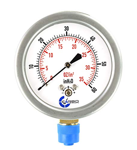 CARBO Instruments Diaphragm Low Pressure Capsule Gauge, 2-1/2" Dial, 0-35 oz/0-60in H2O Range, 1/4" NPT Lower Mount, Stainless Steel Case, Brass Internals, Adjustable, Dual Scale 35 oz/60 inH2O (IWC)