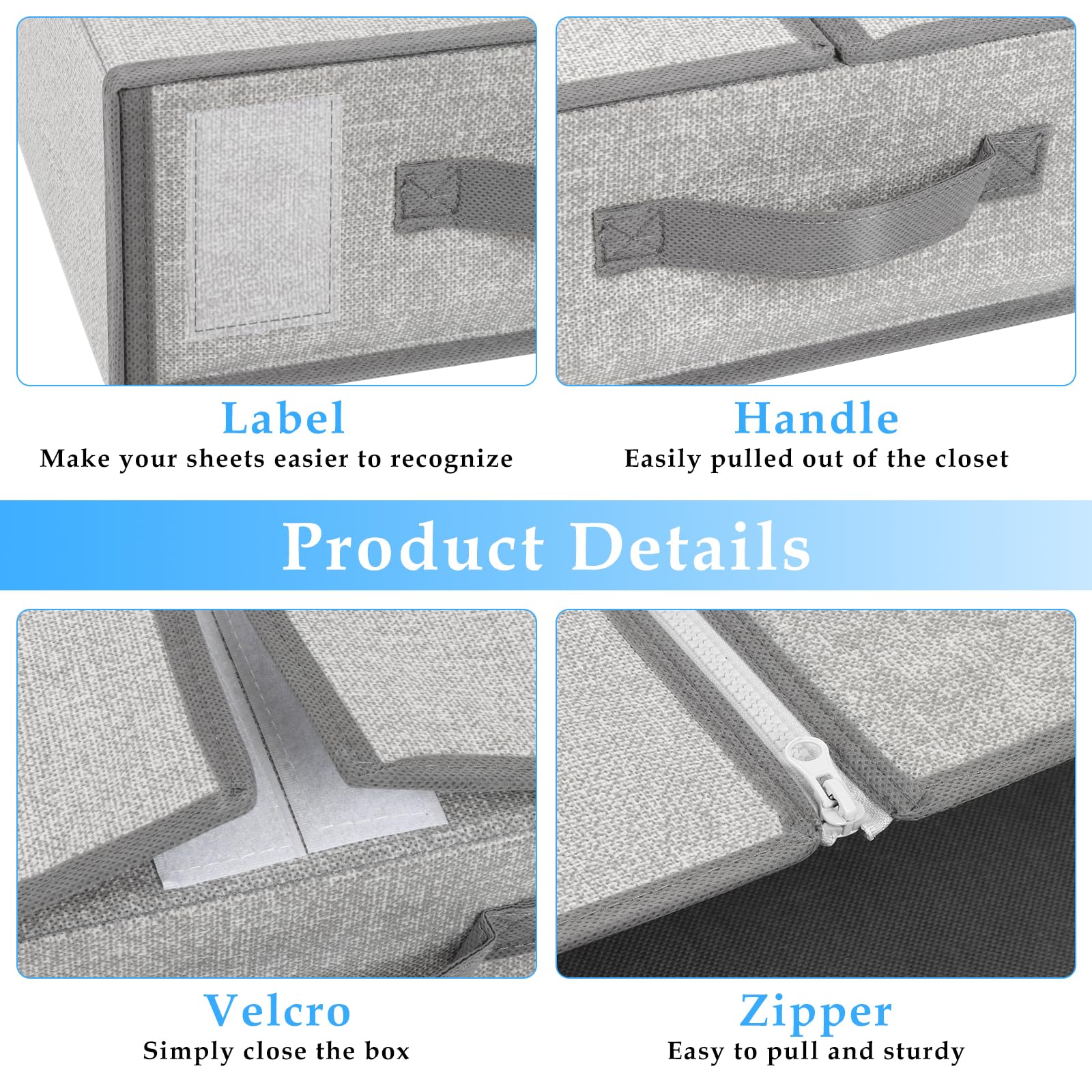 FAGIGY 4 Pack Bed Sheet Organizers and Storage with Labele Pocket, Linen Closet Organizers and Storage with Zipper, Bed Sheet Organizer with Handle, Closet Organizer for Blanket, Clothes, Light Gray