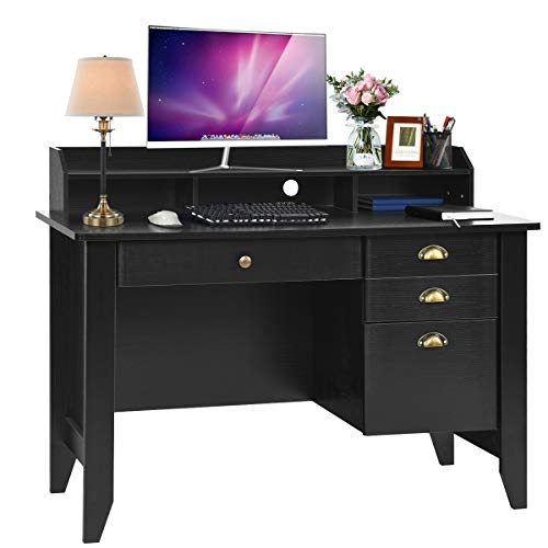 Catrimown Computer Desk with Drawers and Hutch, Vintage Wood Home Office Desk Writing Study Teens Student Desk PC Laptop Table, for Small Spaces, Black