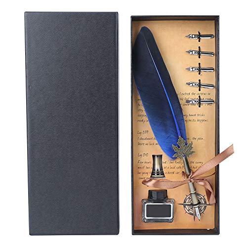Vintage Feather Pen Set, Calligraphy Writing Quill Ink Dip Pen Writing Ink Set Stationery Gift Box(Blue)