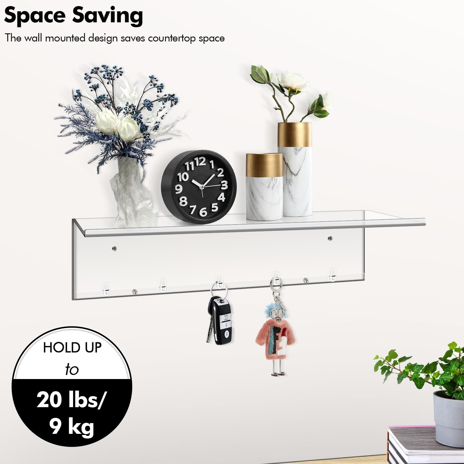 Dalanpa 4 Pack Acrylic Floating Shelves, Wall Mounted Shelf with Removable Hooks, Clear Floating Shelves for Bathroom, Kitchen, Bedroom, Living Room (Transparent)
