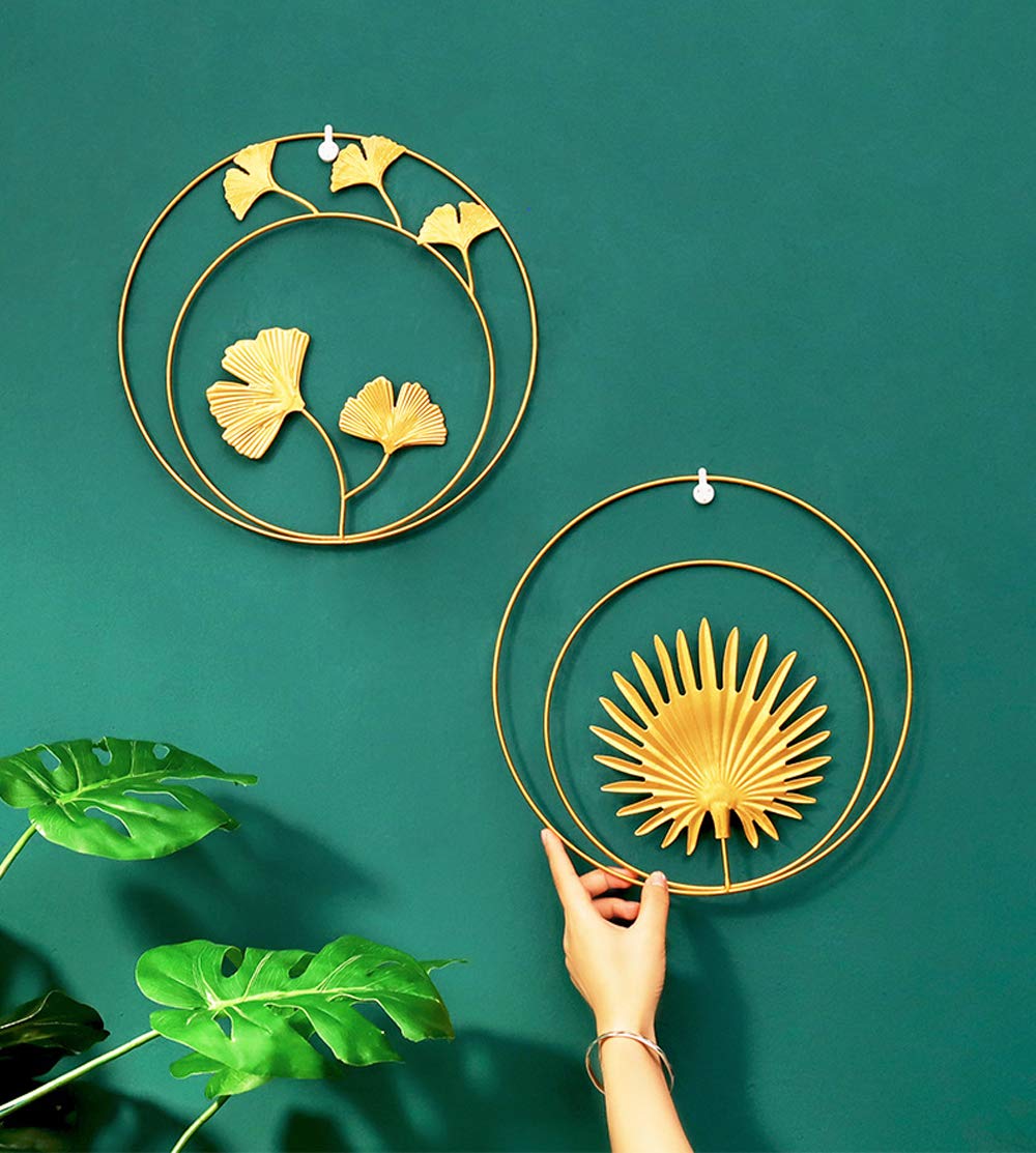 samanoya Iron Wall Sculptures,Metal Round Room Decor and Home Decor with Hanging Leaf Gingko Ornaments Great for Bedroom Hotel Wall Decoration (Gold（Round Square Suit）)