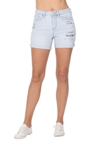 Judy Blue Women's High-Rise Cuffed Printed Lining Shorts (Light Blue, Large)