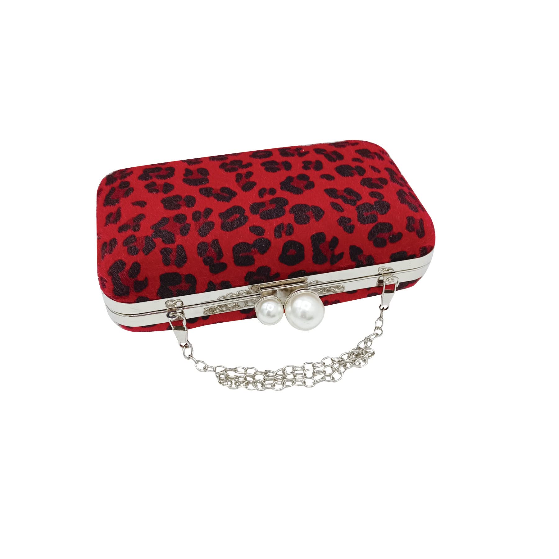 Plush Evening Bag for Women Stylish Leopard Print Handbag Pearl Chain Purse for Party Prom Red