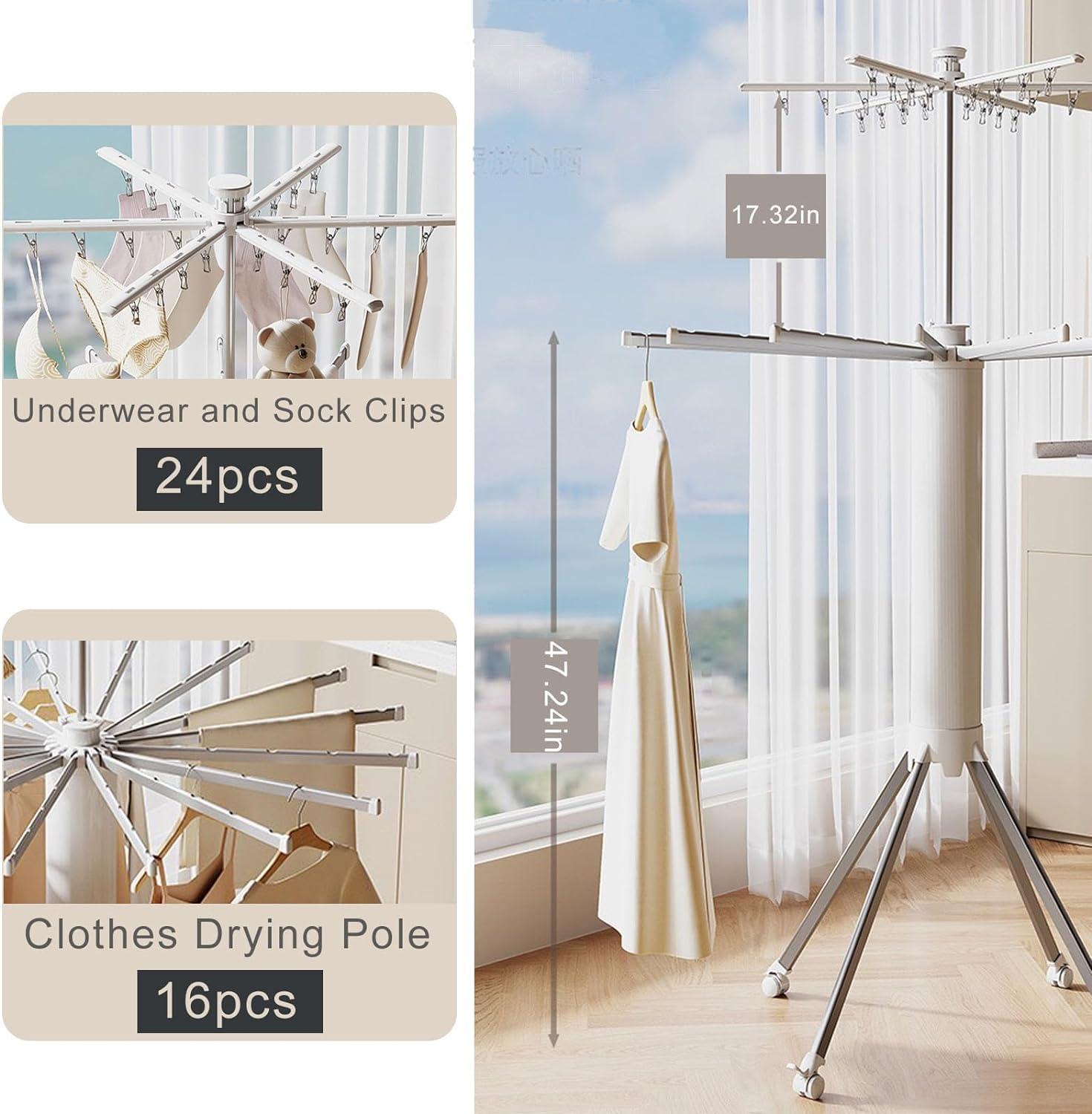 gooatry Double-Layer Four-Foot Clothes Drying Rack,Foldable Portable Clothes Rack with Four Wheels,Drying Garment Rack-16+6Arms for Hanger,Space Saving (Aluminum), Silver
