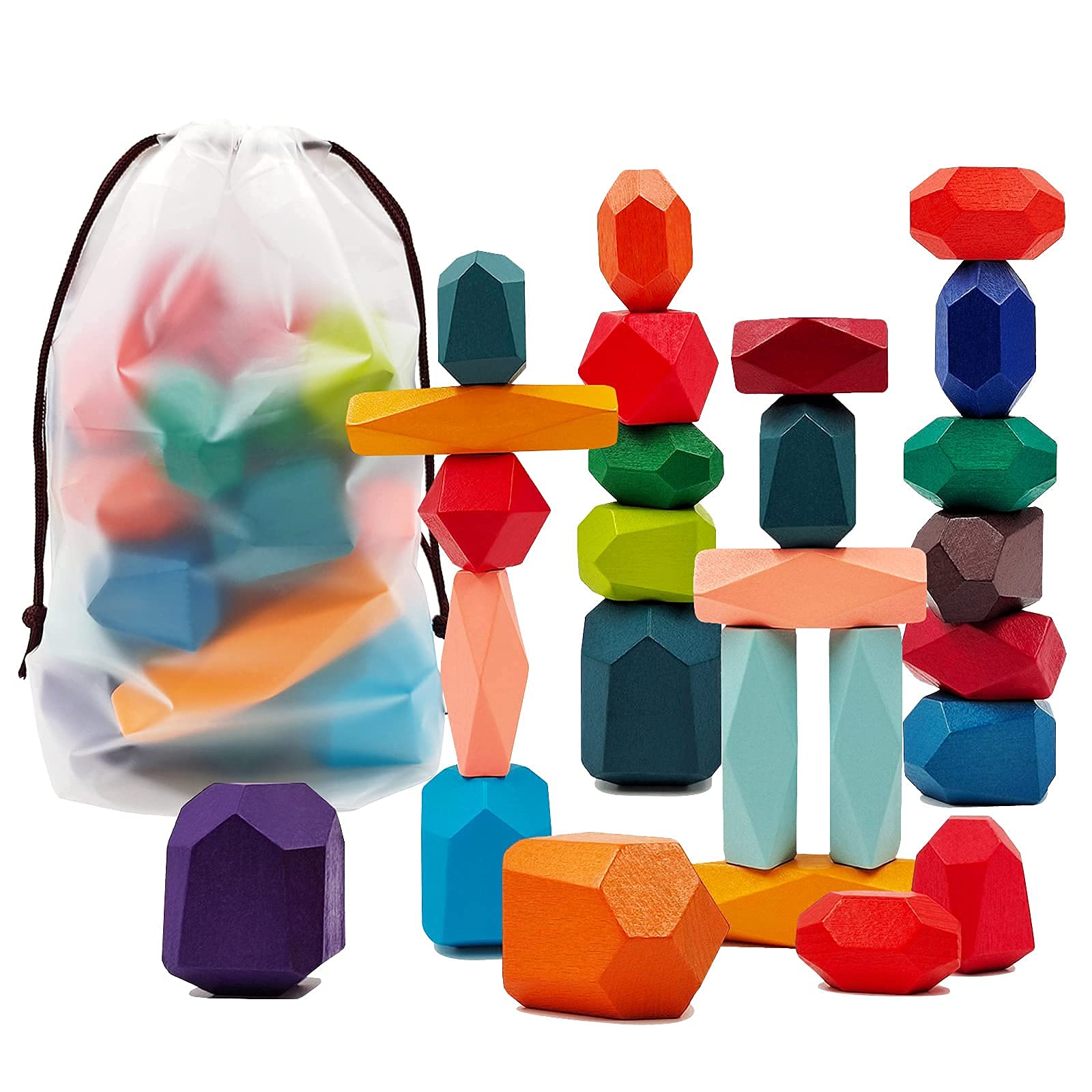 Timtaoth Wooden Balancing Stones Rocks 26PCS Sorting Stacking Blocks Lightweight Colorful Wooden Building Stones Educational Toys for Kids Shape Puzzle Games Preschool Learning