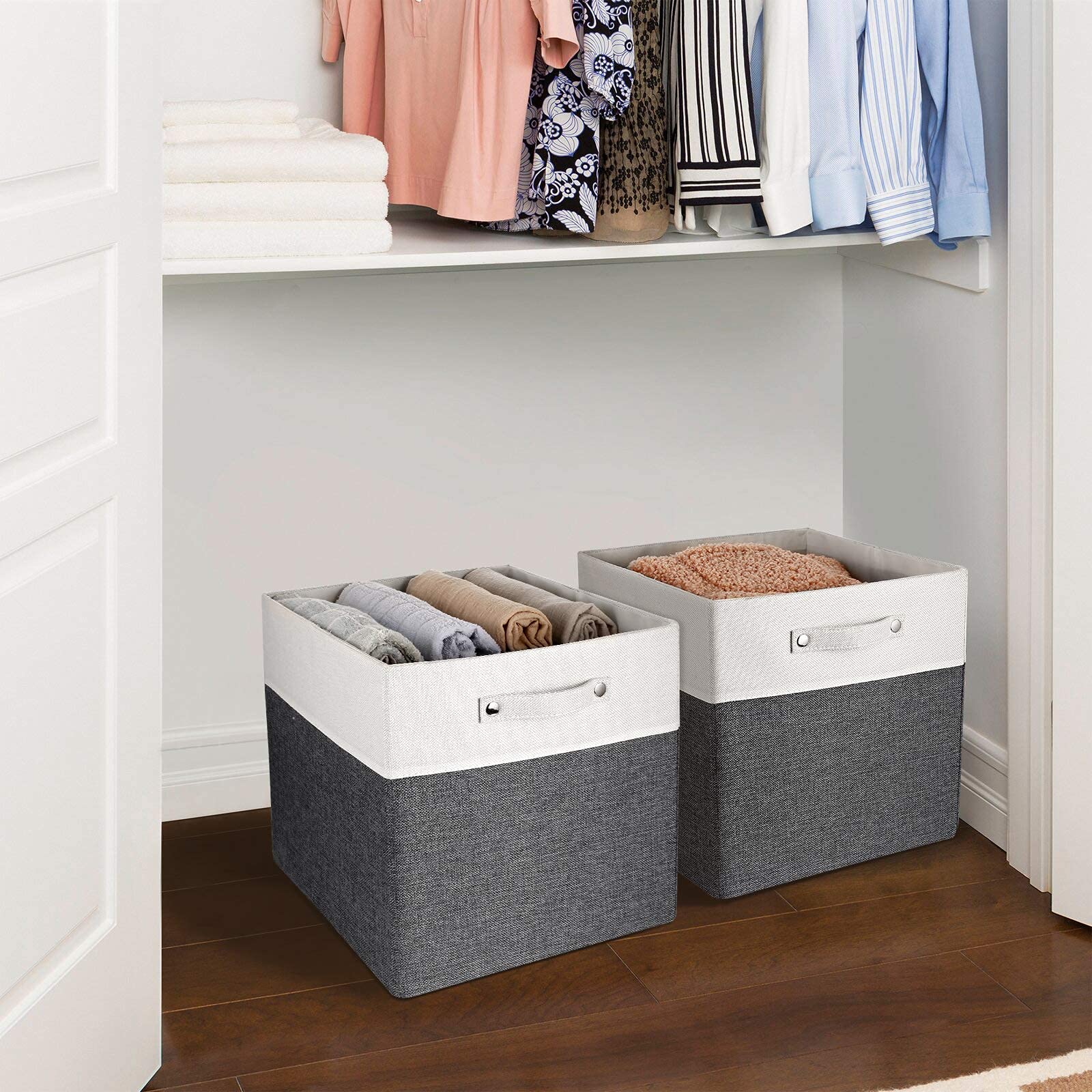 Vextronic Collapsible Cube Storage Bins, 13x13x13 Inch Fabric Large Storage Baskets with Handles, Foldable Storage Box for Closet Shelves, Toy Organizer and Clothes Storage (3 Pack, Grey & White)