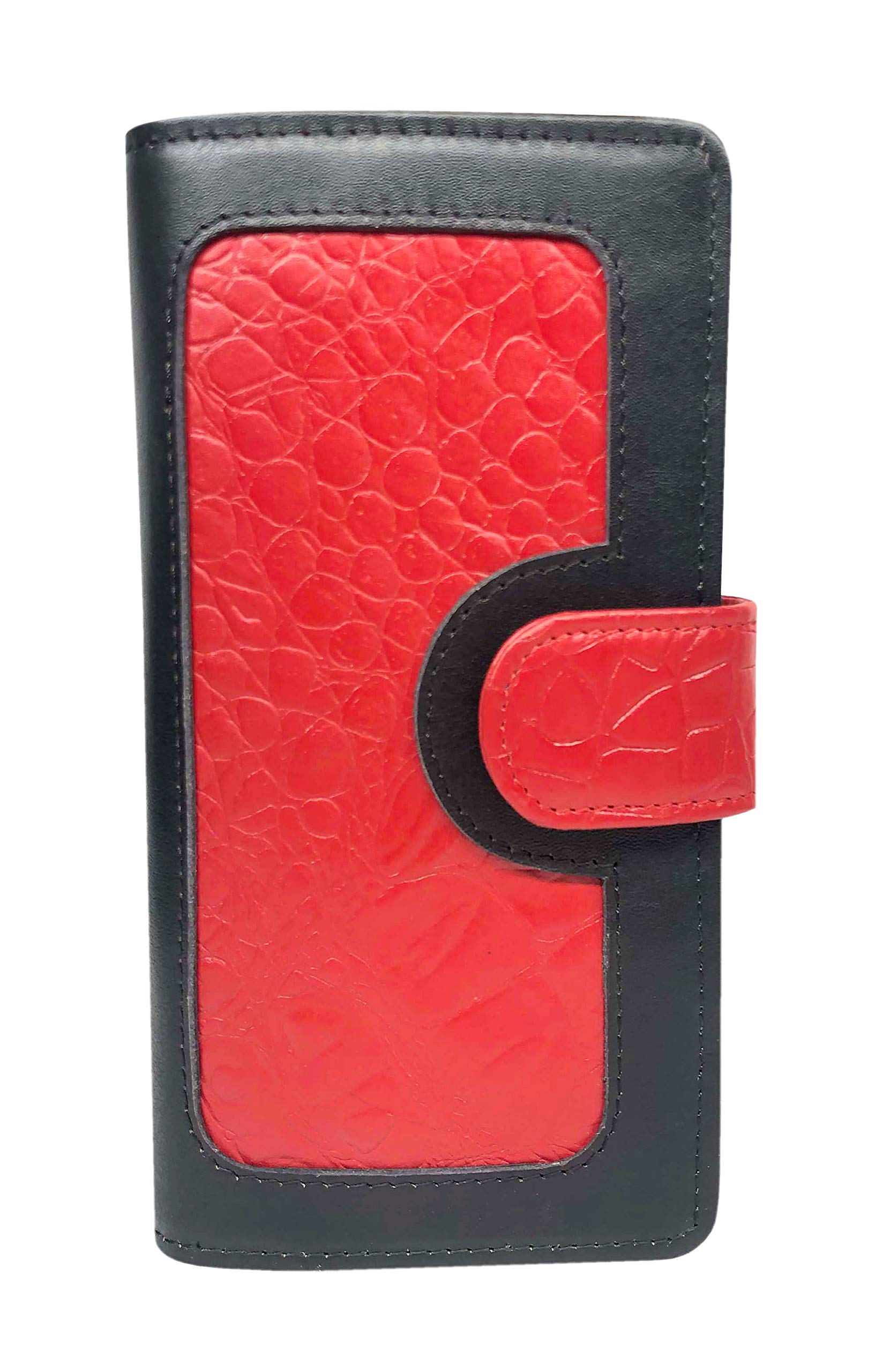 Leather Book LW-1804 Red Crocodile Ladies Wallet|10 card slots|1 card window|4 slide pockets|1 zip pocket | Black Cowhide & Red cowhide Crocodile Print Leather