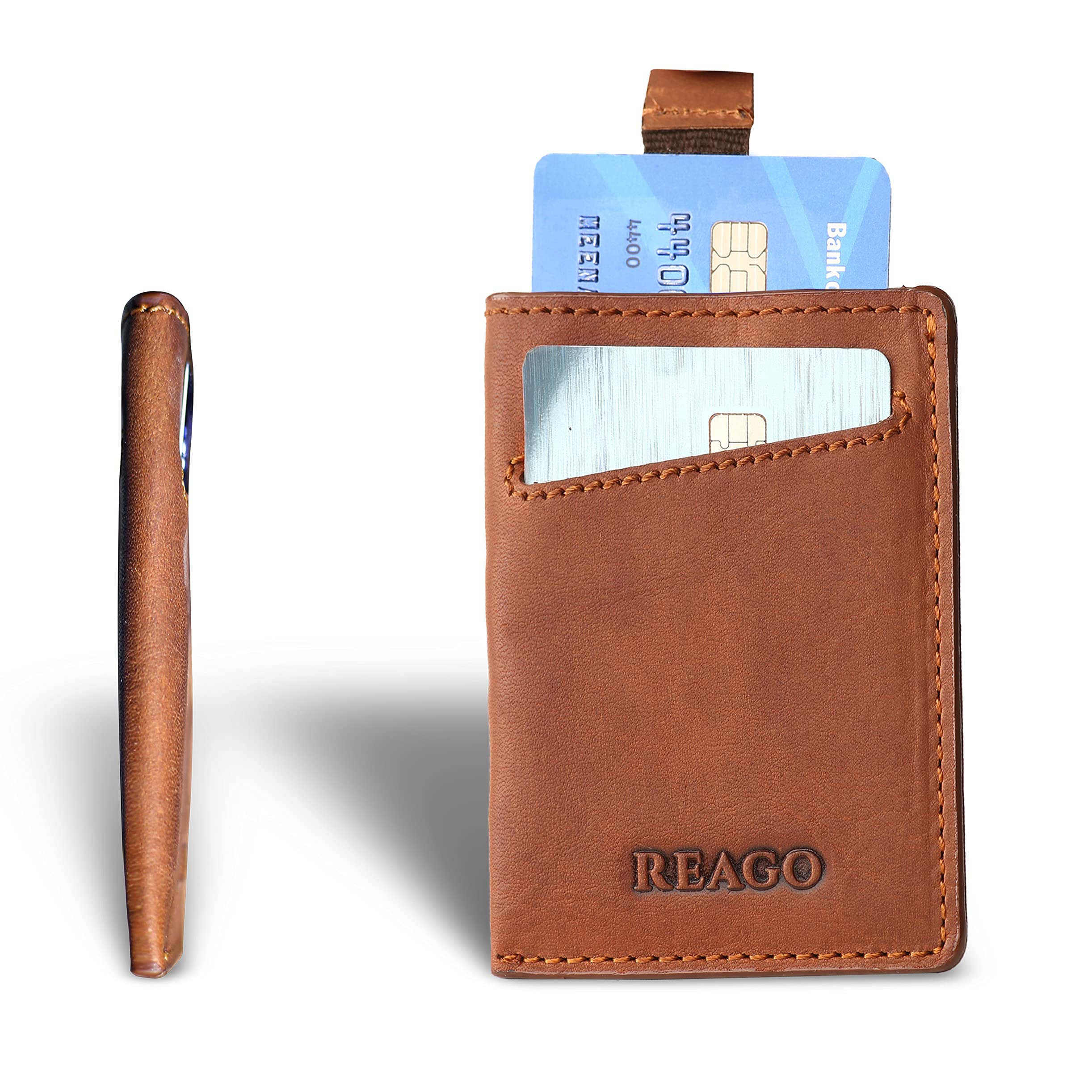 REAGO Handcrafted Front Pocket RFID Crazy Horse Leather Wallet for Men Women, Credit Card Holder, Strong Stitching, Slip Pocket, Slim Minimalist Wallet