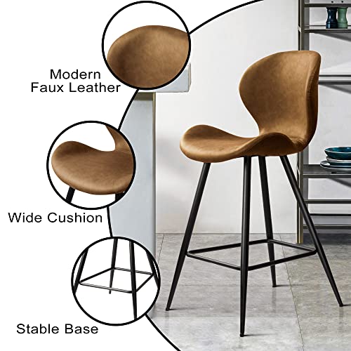 KithKasa Counter Height Bar Stools Set of 2 with Back, Mid Century Modern PU Leather 26" Kitchen Island Barstools with Metal Legs for Dining Room Kitchen Counter Pub Brown