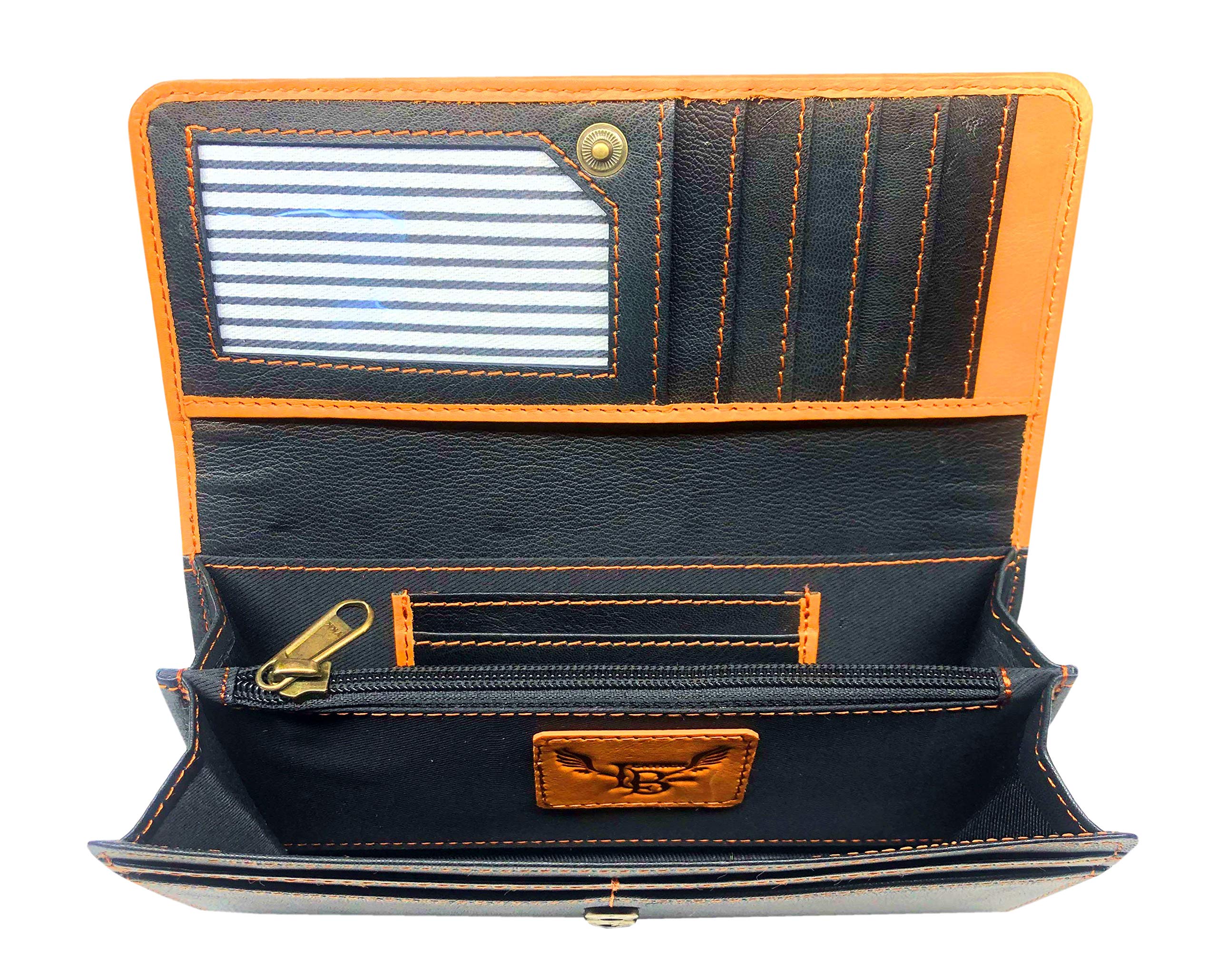 Leather Book® LW-1802 TAJ Leopard Ladies Wallet|11 card slots|1 card window|4 slide pockets|1 zip compartment pocket| 1 back silver metal zip pocket | Black, Tan Cowhide & Jersey leopard Print Leather