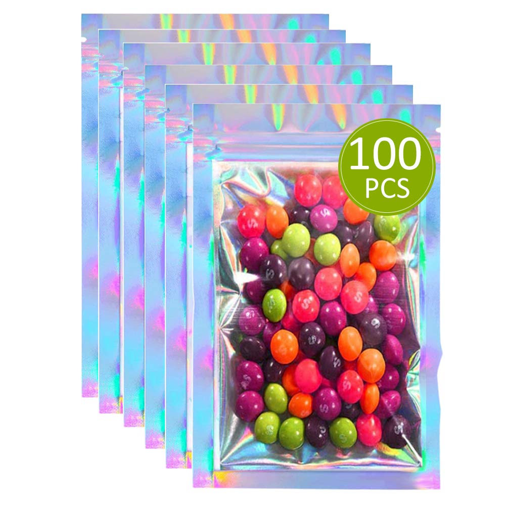 Resealable Smell Proof Bags Foil Pouch Mylar Ziplock Food Storage Bags with Clear Window Packaging Pouch for Food Storage Gift Package Supplies (100-pack,Holographic Color, 4.7 x 7.9 Inches)
