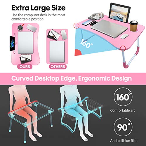 KPX Portable Laptop Bed Table, Fordable Lap Desk with Cup Slot & Notebook Stand Breakfast Bed Trays for Eating and Laptops Book Holder Lap Desk for Floor,Couch, Sofa, Bed, Terrace, Balcony (Pink)