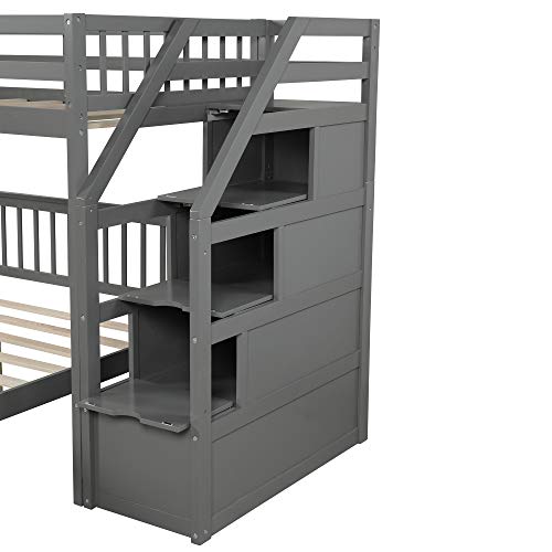 Goohome Twin Over Full Bunk Bed with Staircase, Wooden Twin Over Full Stairway Bunk Bed L Shaped Bunk Beds for Kids, Twin Loft Bed with Storage Drawers and Full Platform Bed, No Box Spring Needed