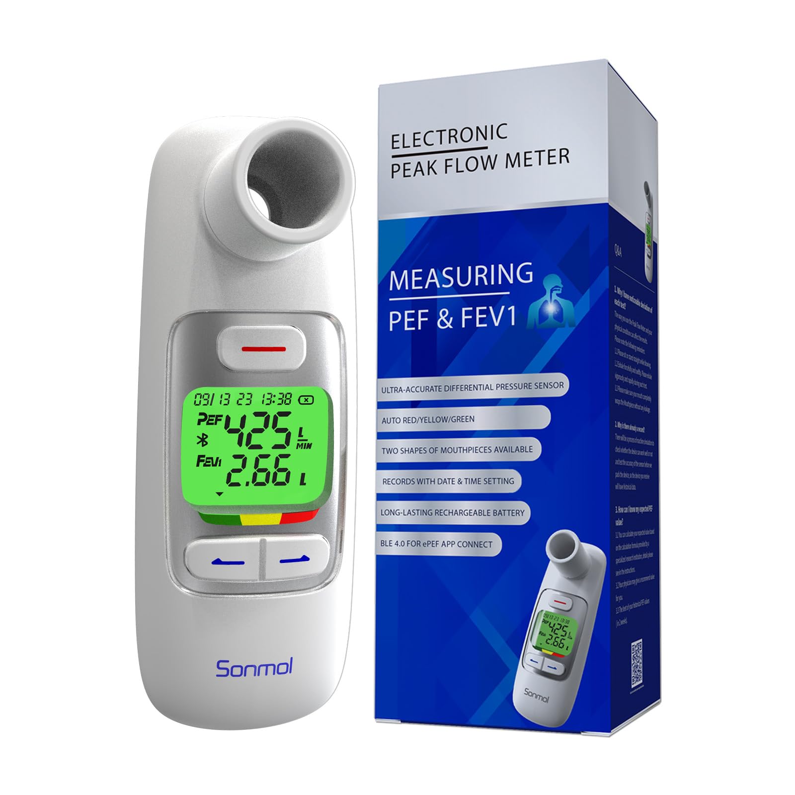 Peak Flow Meter,Portable Peak Flow Meter Test PEF & FEV1 for Kids Adults Asthma COPD & Other Lung Conditions Monitor, Tracking App Bluetooth Connection with 300 Records Storage Function