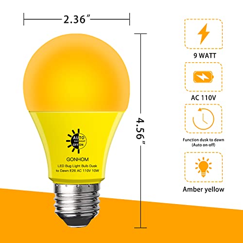 Gonhom Dusk to Dawn Bug Light Bulb Outdoor,2 Pack Amber Bug Light Bulb,10W(100W Equivalent),E26 Base Dusk to Dawn Light Bulb,Bug Lights for Outside.Home Hallway Porch Lights.Decorative Lamps.Bedroom