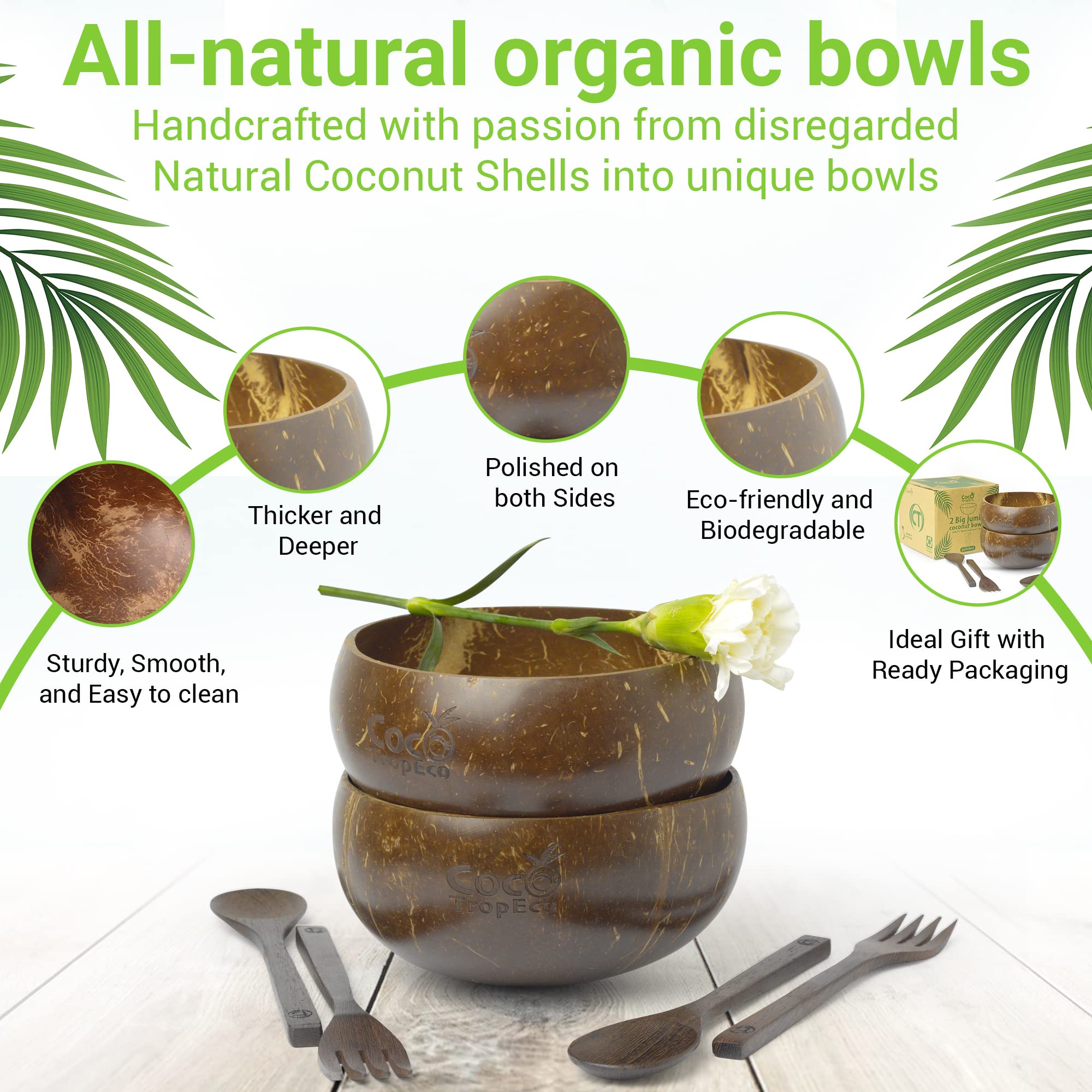 Coco TropEco Coconut Bowl Set of 4 - Handmade Bowls From Natural Coconut Shells + Wooden Spoons + Wood Forks and Bamboo Straws β Buddha Bowls Ideal for Acai Smoothie, Salad or Cereal β Polished β