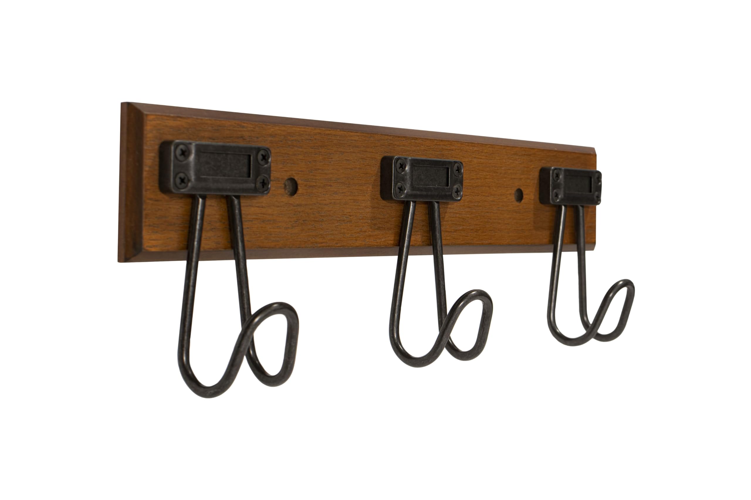 FantasHome 16" Wall Mounted Label Hook Rack with 3 Hooks, Walnut and Soft Iron Finish, for Entryway, Hallway, Bedroom, Bathroom, Walk-in Closet and More - Brown/Black