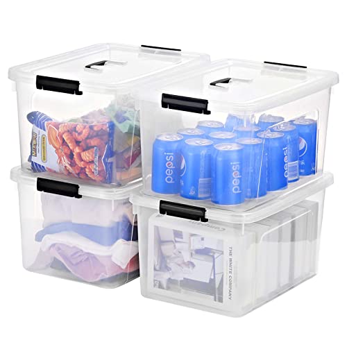 Krihan 19 Quart Large Storage Latch Box, Clear Plastic Latching Box, Latch Bin with Handle and Lid, 4 Packs Clear and Black
