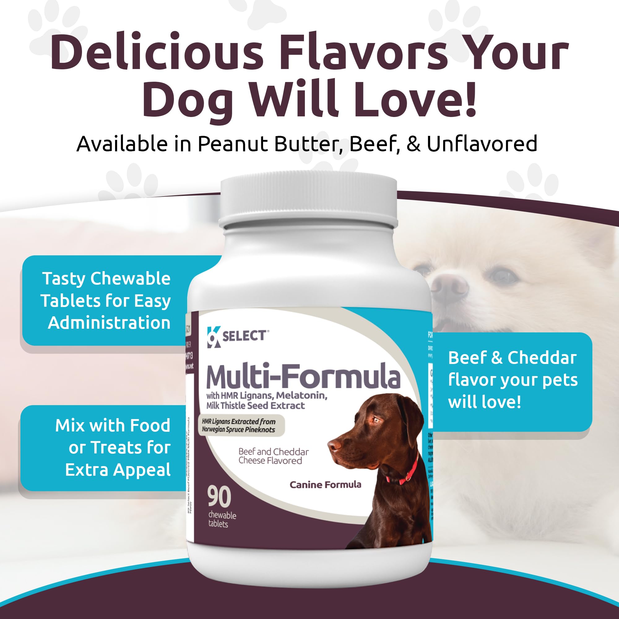 K9 Select Multi-Formula Dog Vitamins for Large Dogs - 30mg HMR Lignans, 3mg Melatonin, 60mg Milk Thistle - Helps Heart, Liver, Digestion, Skin & Coat Health, Dog Multivitamin, 90 Tablets, Beef Flavor