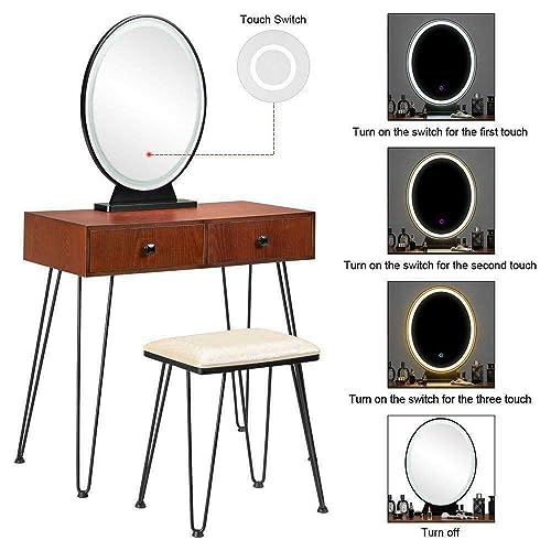 KJNS Brown Makeup Vanity Table Stool Set w/Touch Swith Light 2 Drawers Vanity Desk Makeup Vanity Side Tables Bedroom Vanity Table Portable Desk Vanity Set