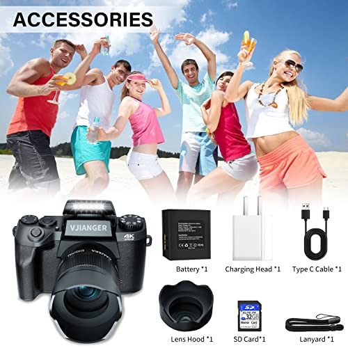 VJIANGER Digital Camera for Photography 4K Vlogging Camera for YouTube 64MP Mirrorless Camera with WiFi, Dual Camera, 52mm Fixed Lens, 4.0" Touch Screen, 32GB SD Card & Camera Bag(W05-Black3)