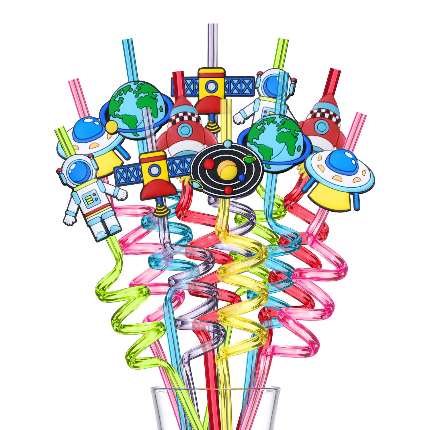 Outer Space Straws Party Favors for Theme Birthday Party Supplies with 2 Cleaning Brush | Solar System Rocket Spaceship Astronaut Satellite Planet Attachments (24+2)