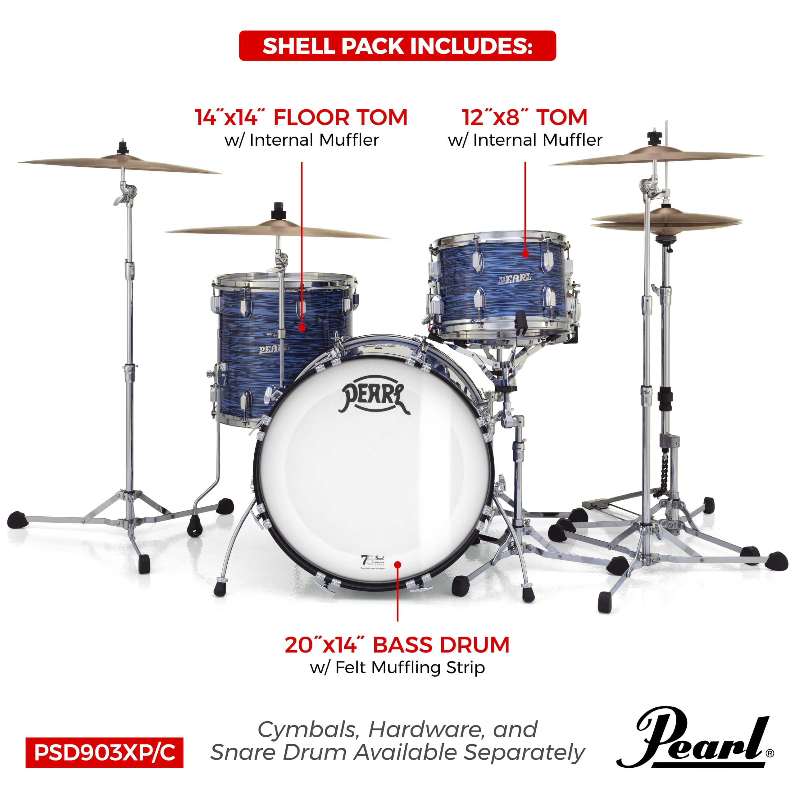 Pearl President Series Deluxe 3-piece 75th Anniversary Edition Shell Pack in Desert Ripple (#768) covered finish featuring 20"x14" Bass Drum w/Cymbal Holder, 12"x8" Tom, and 14"x14" Floor Tom