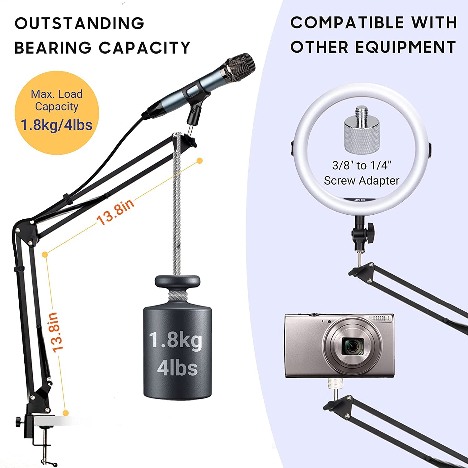 CAHAYA Microphone Arm Stand Suspension Boom Scissor Phone Stand with Pop Filter 2 Mic Clips and 3/8" to 5/8" Adapter Adjustable Suspension Boom Scissor Microphone Stand White