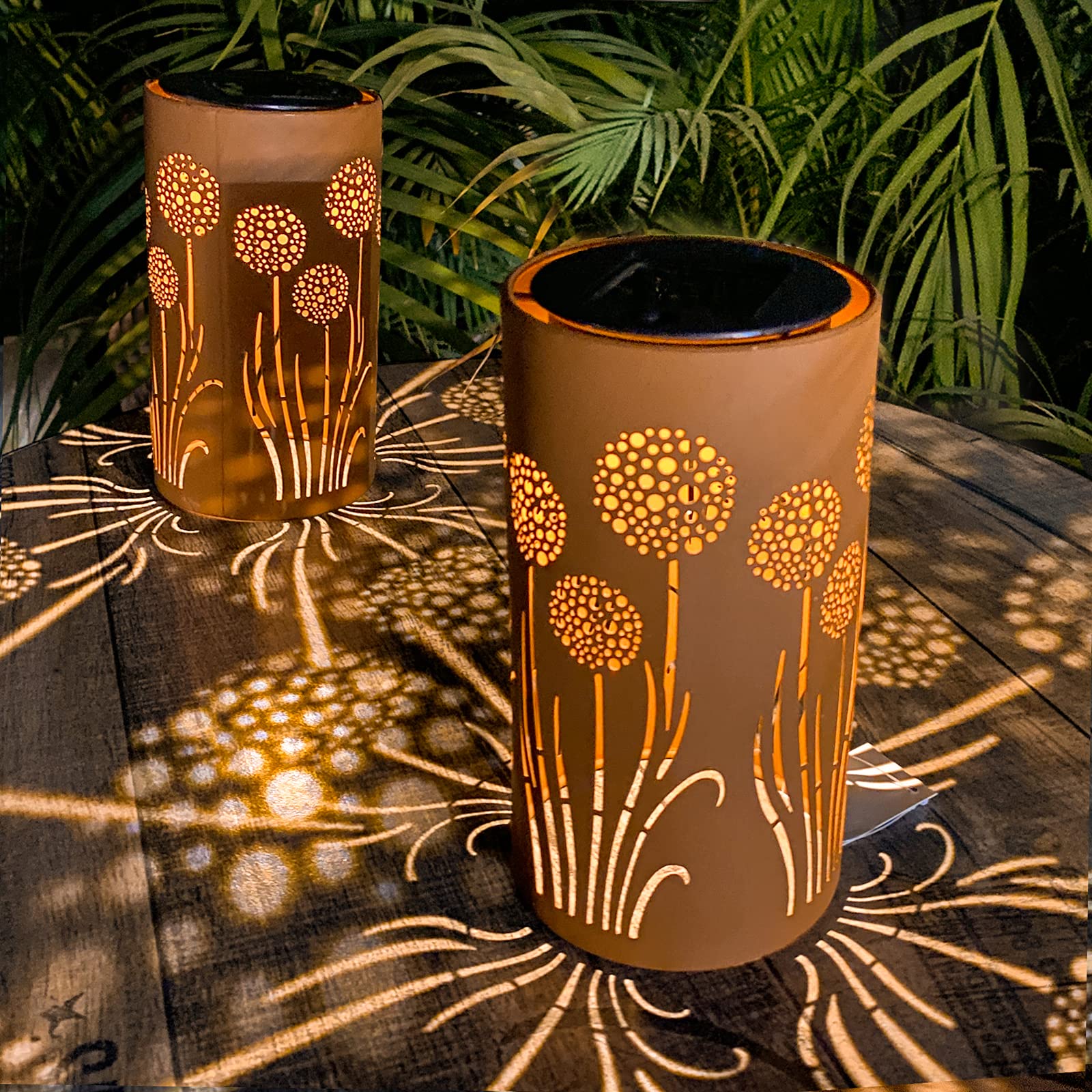 pearlstar Outdoor Solar Table Lamp 2pack Metal Dandelion Solar Lantern Lights, Retro Orange Finsih, Outside Decor for Patio Garden Yard Pathway Tabletop Waterproof(Dandelion)
