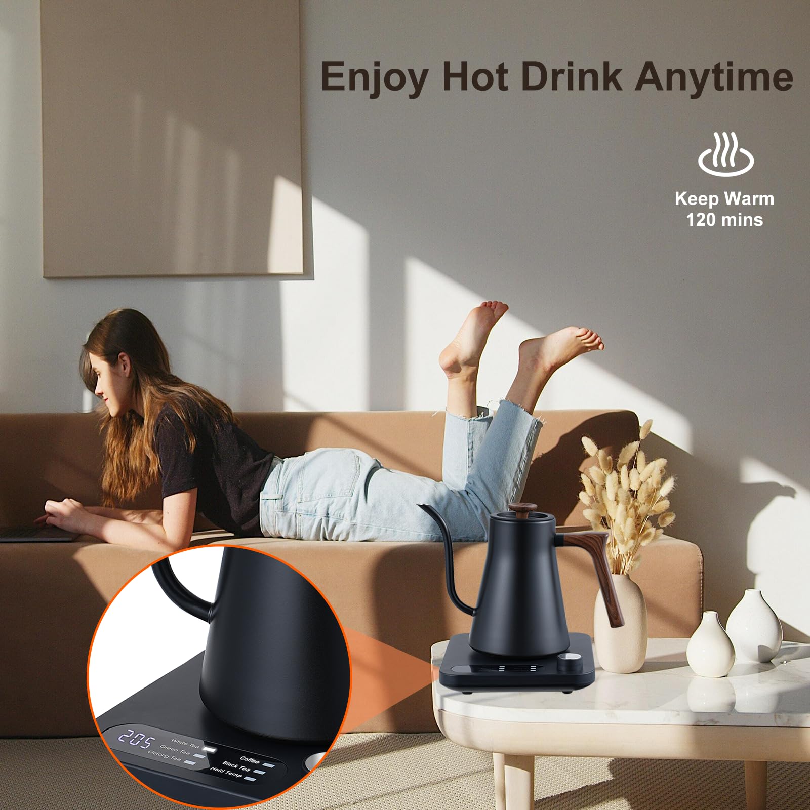 Gooseneck Electric Kettle - 1200W Quick Boil, Temp Control with 5 Presets & ±5℉ Adjustment, Accurate Pouring, 24oz Small Pour Over Coffee & Tea Kettle, 2H Auto Keep Warm, Stainless Steel, Black