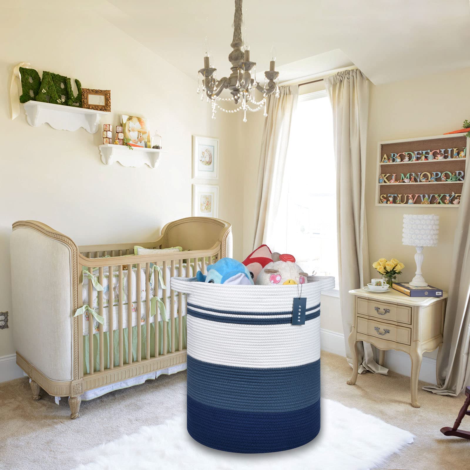 COMSE Extra Large Blanket Basket, High Storage Basket, Tall Rope Laundry Basket, 15.7βx 21.7β, XXXL Cotton Rope Basket, Woven Laundry Basket, Toy Basket, Clothes Baskets,Woven Basket,Gradient Blue