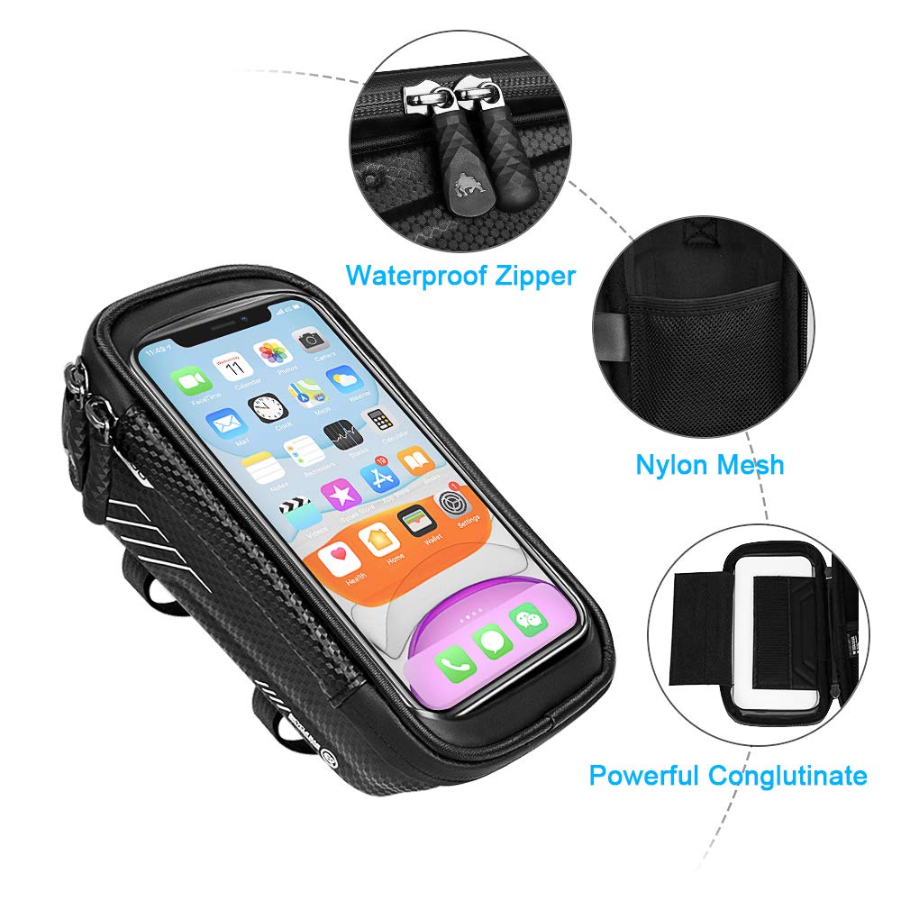 Bike Phone Front Frame Bag - Waterproof Bicycle Top Tube Cycling Phone Mount Pack with Touch Screen Sun Visor Large Capacity Phone Case for Cellphone Below 6.5’’ iPhone 7 8 Plus xs max
