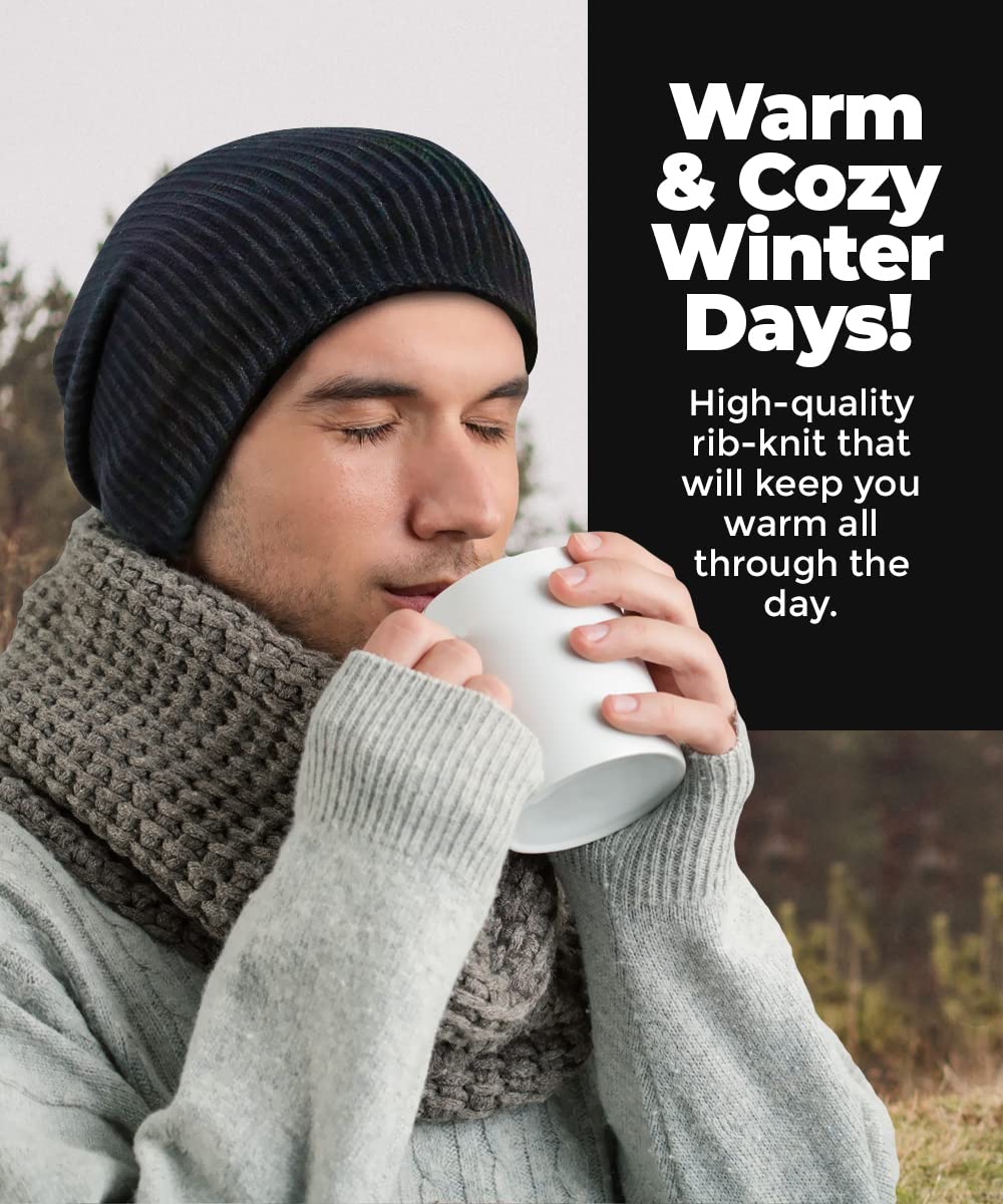 Revony Long Ribbed Beanie - Soft, Warm & Cozy - Perfect Winter Beanie for Men & Women Black