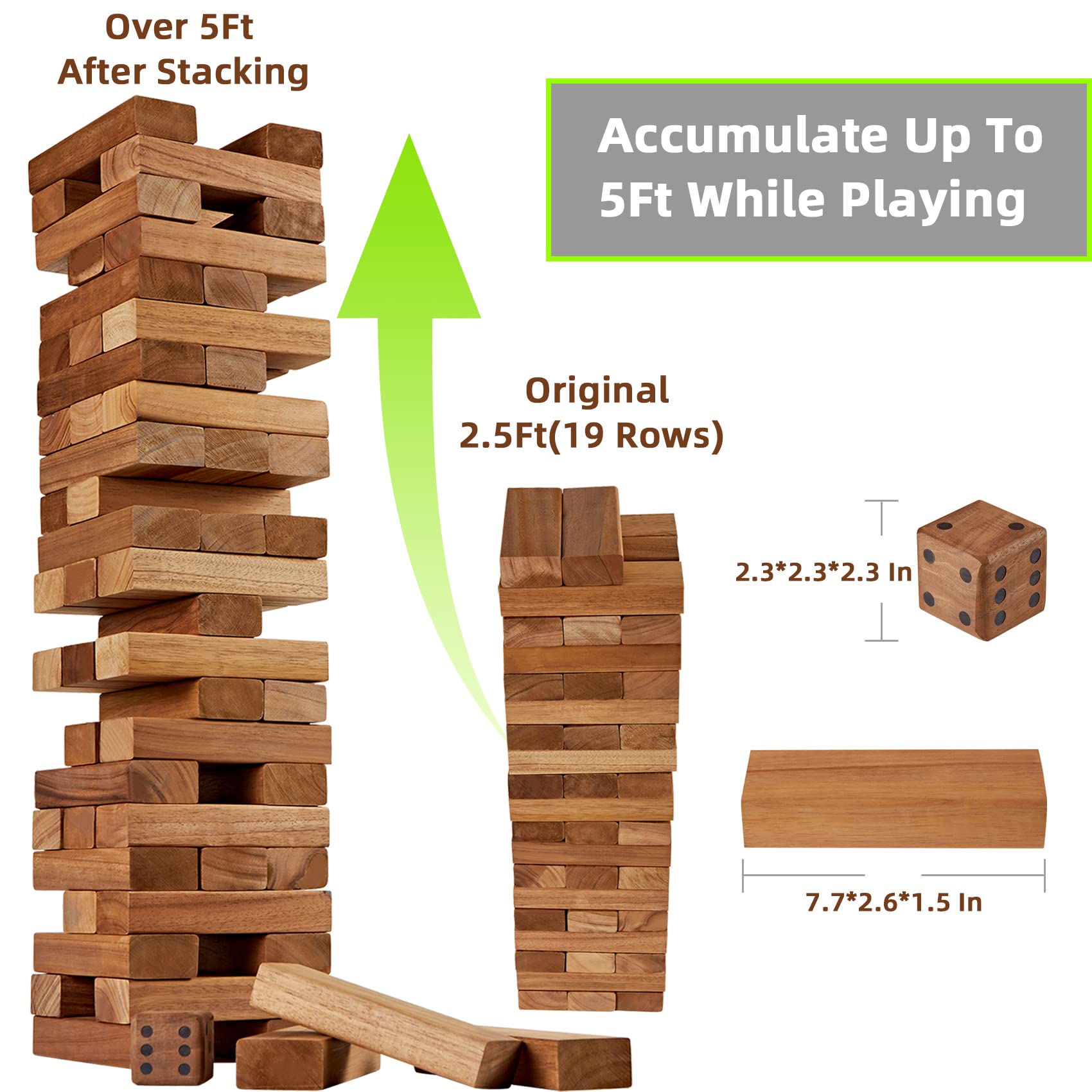 Pointyard 56PCS Giant Tumble Tower [Stack to 5FT+], Carbonized Pine Wooden Tumble Timber Game Set for Teens Adults Family - Classic Stacking Block Party Game with 1 Dice | Scoreboard | Carry Bag