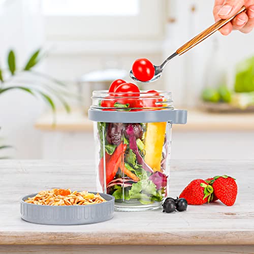 Overnight Oats Jars with Spoon and Lid 16 oz [2 Pack], Airtight Oatmeal Container with Measurement Marks, Mason Jars with Lid for Cereal On The Go Container (2pcs grey)