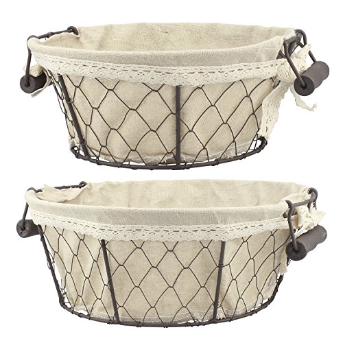Stonebriar 2pc Round Metal Serving Basket Set with Decorative Fabric Lining, Rustic Serving Trays for Parties, Centerpiece for Coffee or Dining Table, Document Organizer for Office or Kitchen