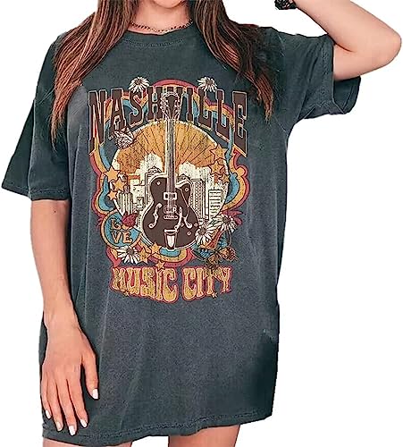 Oversized Nashville Shirts Women Country Music Concert Outfits Casual Rock Band Graphic Tee Tops Rock&Roll T Shirts(M,a-Dark Grey)