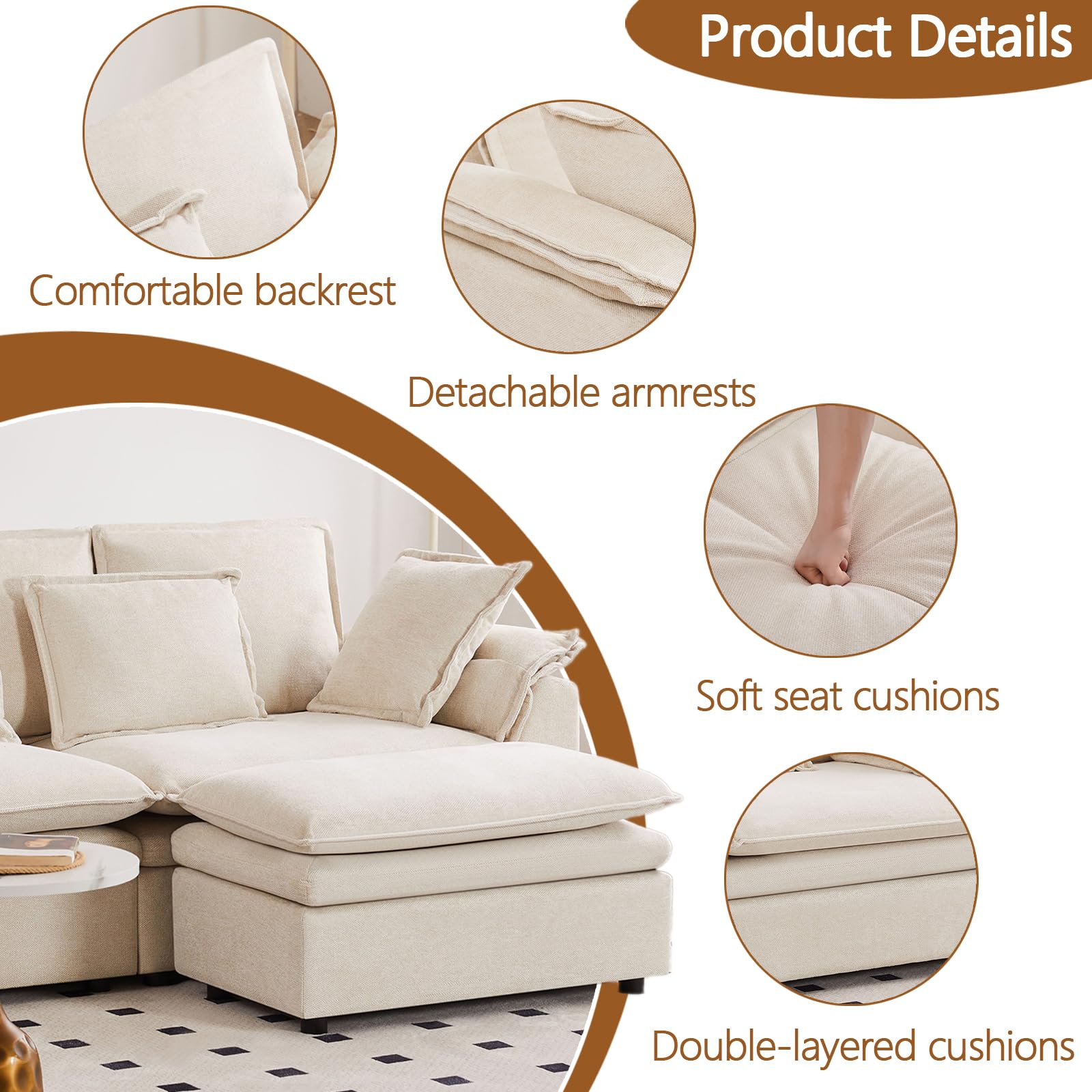 FEISHOMINOO 87" L Shaped Sectional Sofa Modular Deep Seat Sofa Couch with Ottoman, Chenille Sofa Sleeper Comfy Upholstered Furniture for Living Room, Apartment, Studio, Office (Espresso, L-Shaped)