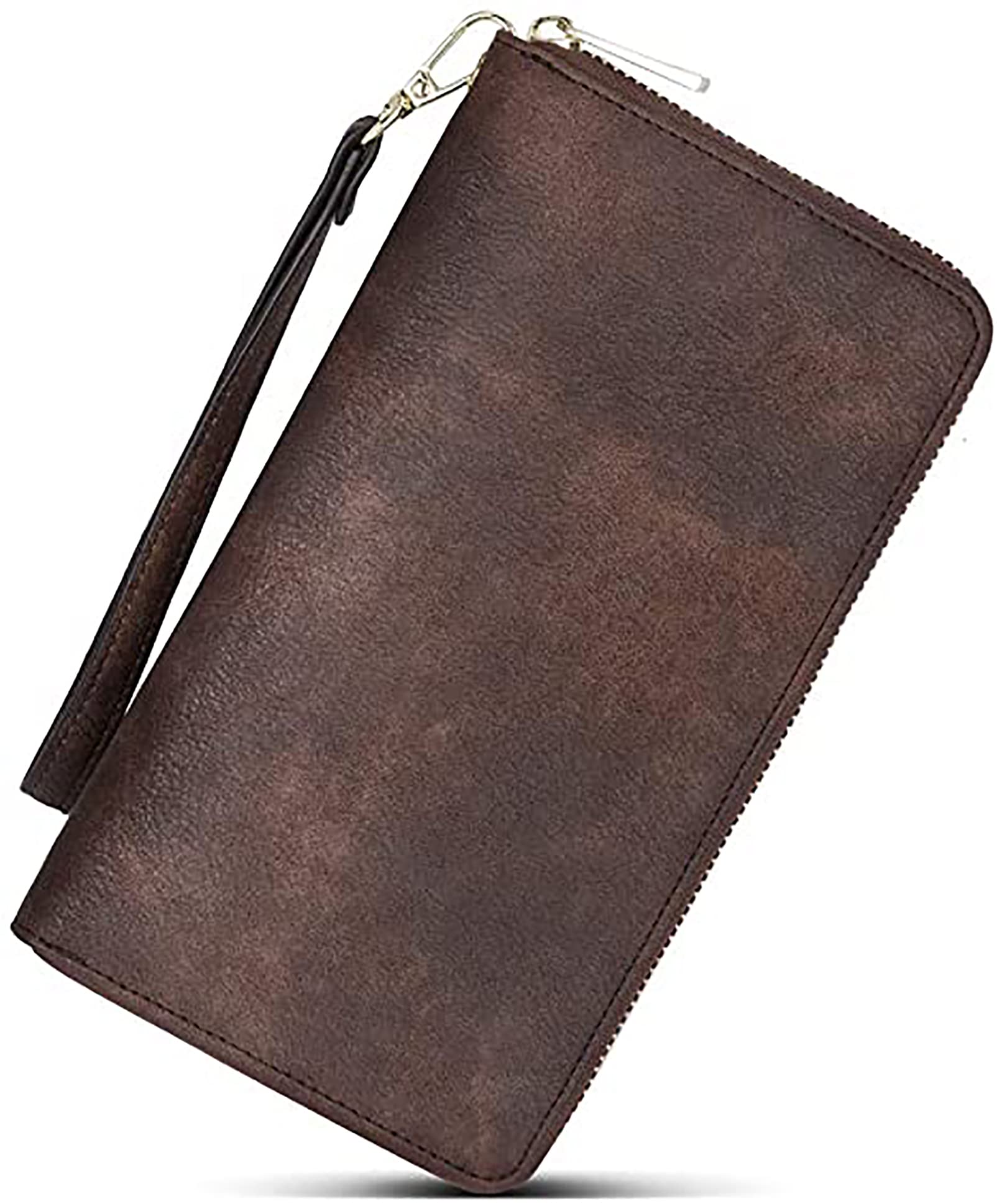 Telena Leather Wallets for Women Slim Zip Around Wristlet Clutch Purse Large Phone Holder Retro Coffee