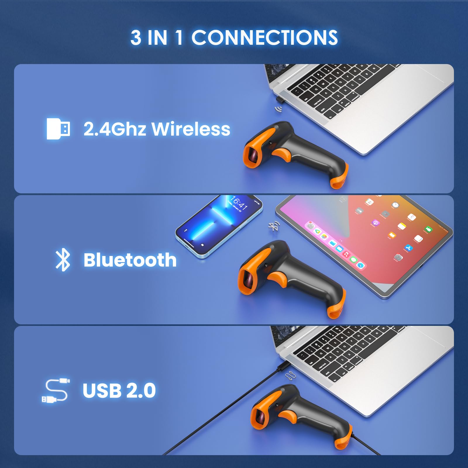 Eyoyo 2D QR Bluetooth Barcode Scanner Wireless, 2500mAh Handheld Cordless USB Wired 1D UPC Bar Code Reader for Book Library, Warehouse Inventory Compatible with iPad, Android Phone, iPhone, Laptop