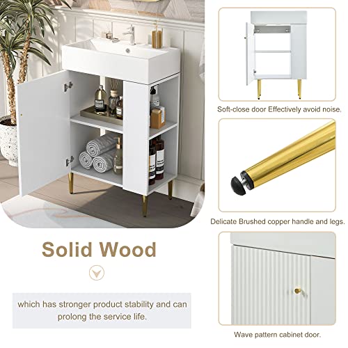 JUOFONE 21.6" White Bathroom Vanity with Sink Combo, Modern Bathroom Cabinet with Door, Freestanding Single Bathroom Vanity Set with Open Shelves (White_ Shelf on The Right)